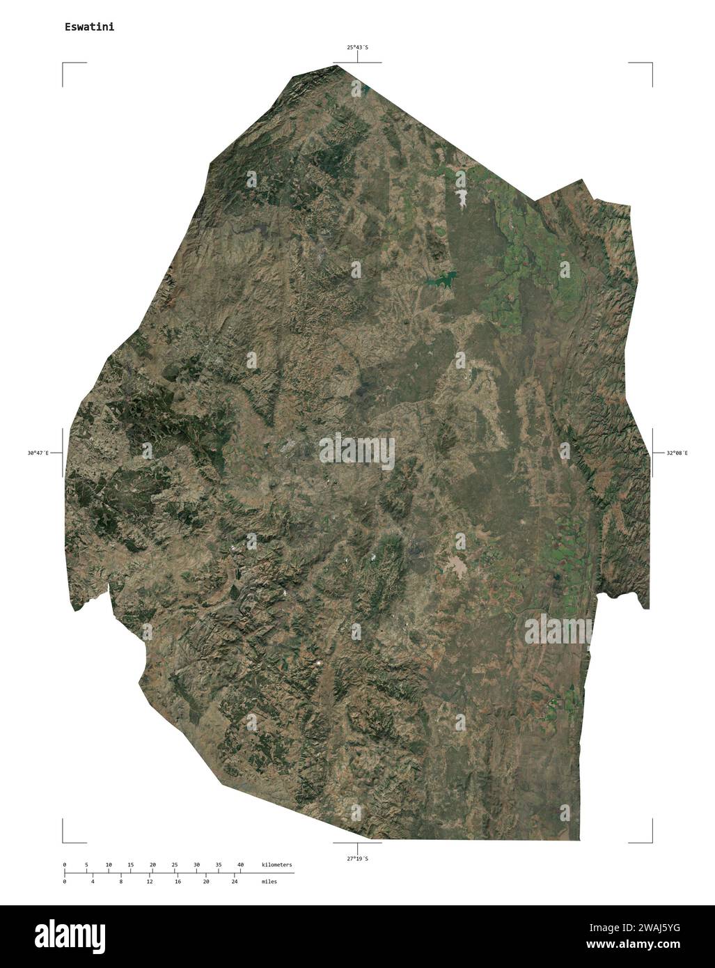 Shape of a low resolution satellite map of the Eswatini, with distance scale and map border ...
