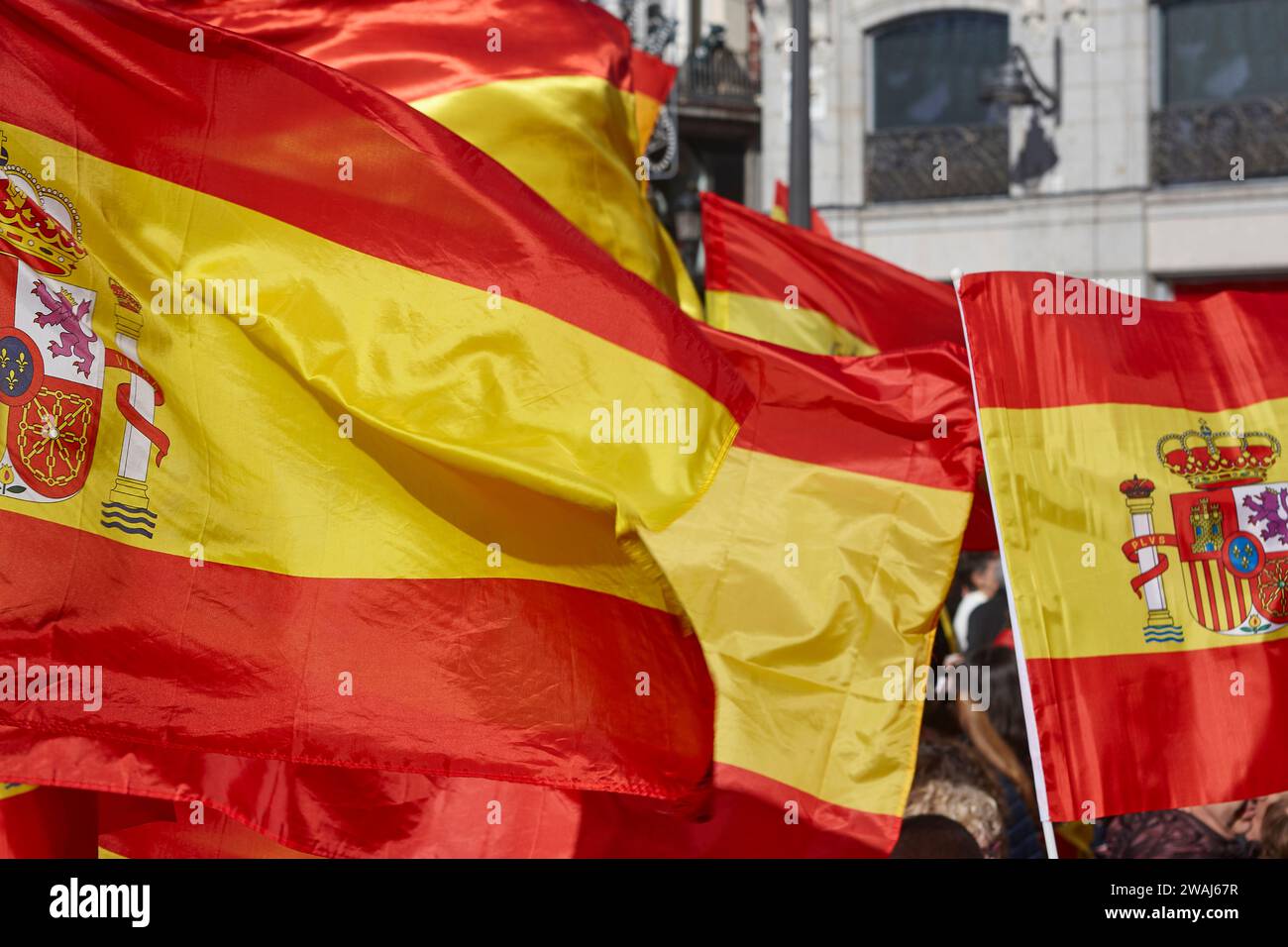 Spanish flags and coat of arms. Nation emblem. Spain Stock Photo - Alamy