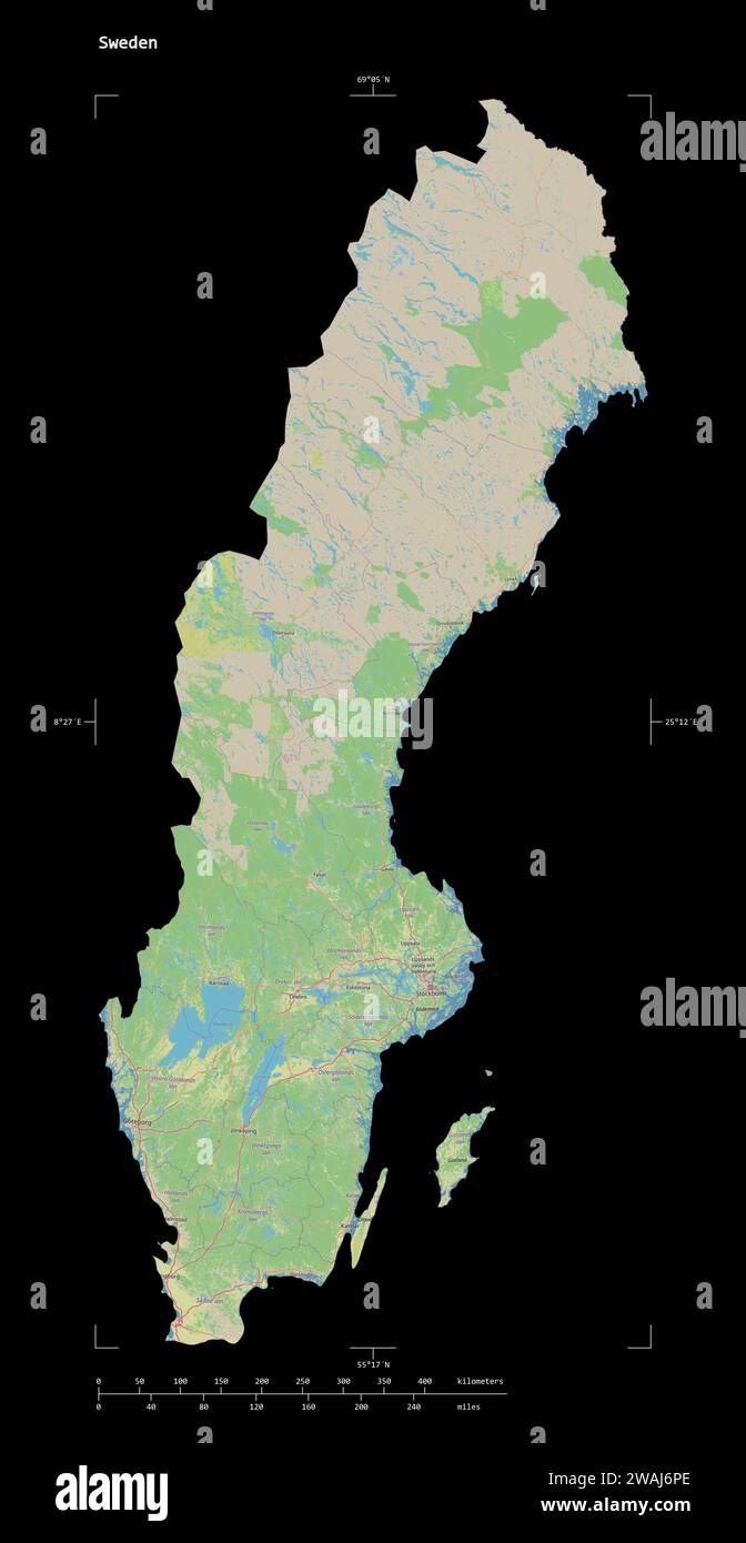 Shape of a topographic, OSM standard style map of the Sweden, with distance scale and map border ...