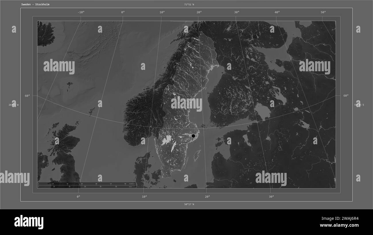 Sweden highlighted on a Grayscale elevation map with lakes and rivers ...