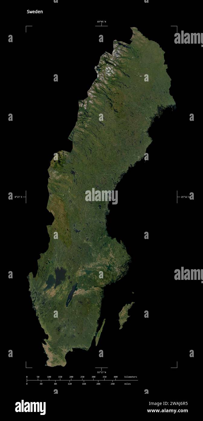 Shape of a low resolution satellite map of the Sweden, with distance ...