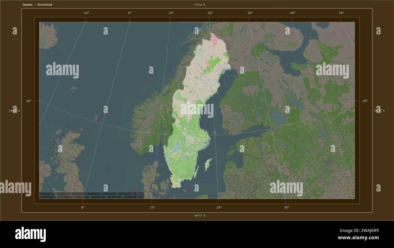 Sweden highlighted on a topographic, OSM France style map map with the ...