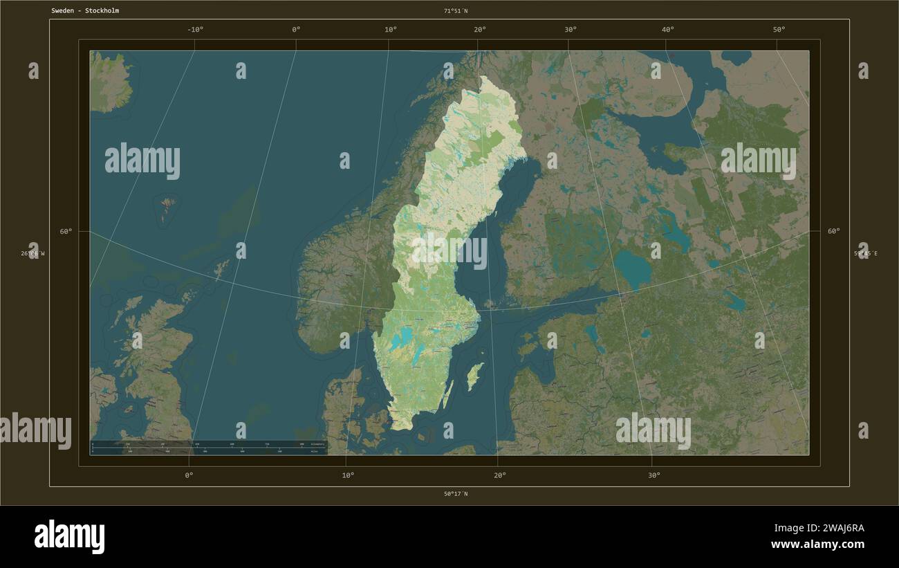 Sweden highlighted on a topographic, OSM Humanitarian style map map ...