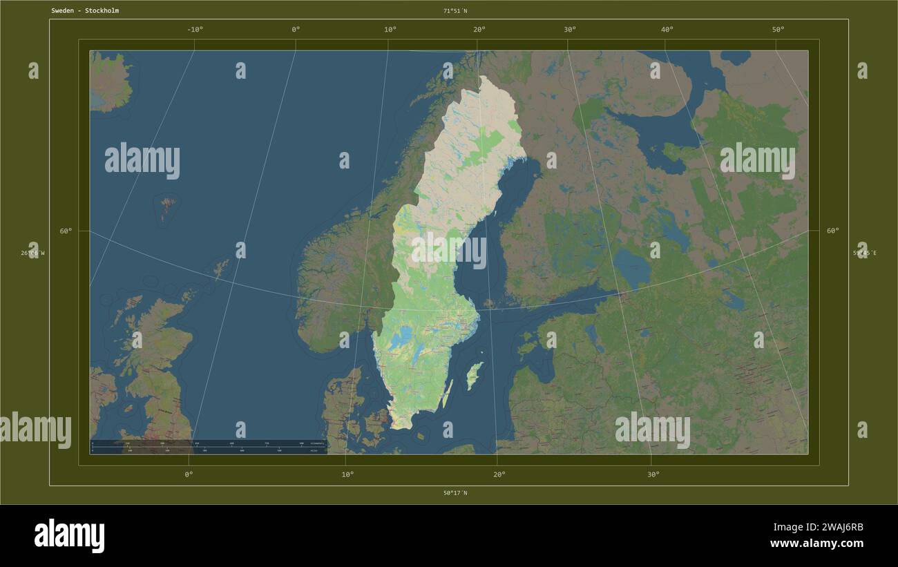Sweden highlighted on a topographic, OSM standard style map map with ...