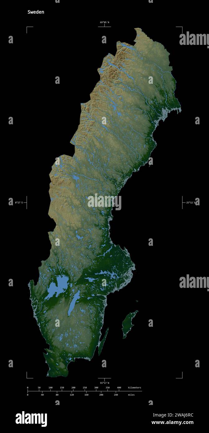 Shape of a Colored elevation map with lakes and rivers of the Sweden ...