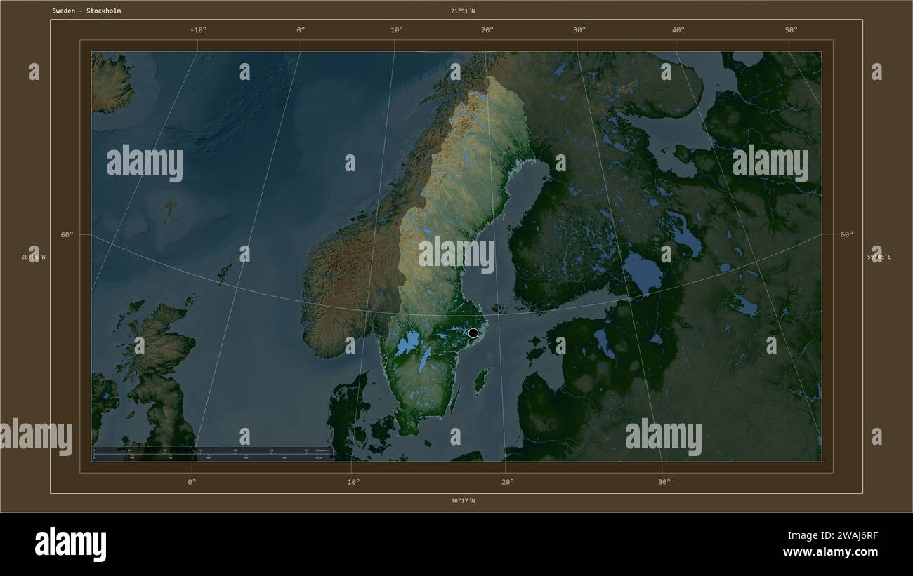 Sweden highlighted on a Colored elevation map with lakes and rivers map ...