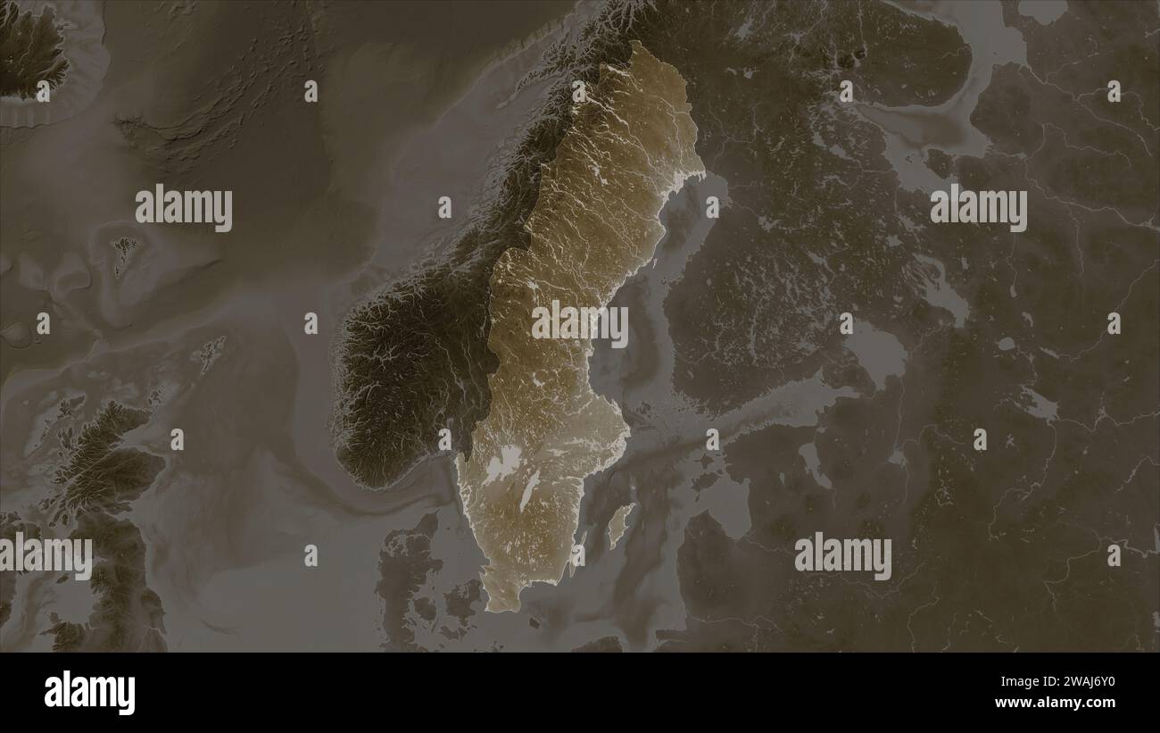 Sweden highlighted on a elevation map colored in sepia tones with lakes ...
