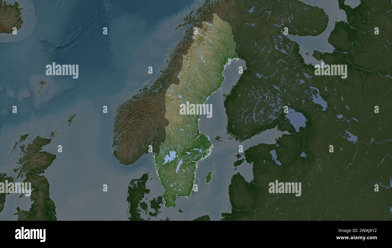 Sweden highlighted on a Pale colored elevation map with lakes and ...