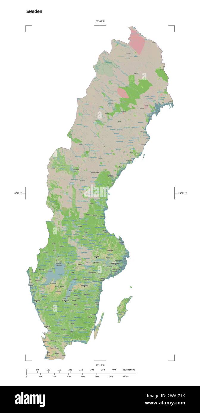 Shape of a topographic, OSM France style map of the Sweden, with ...