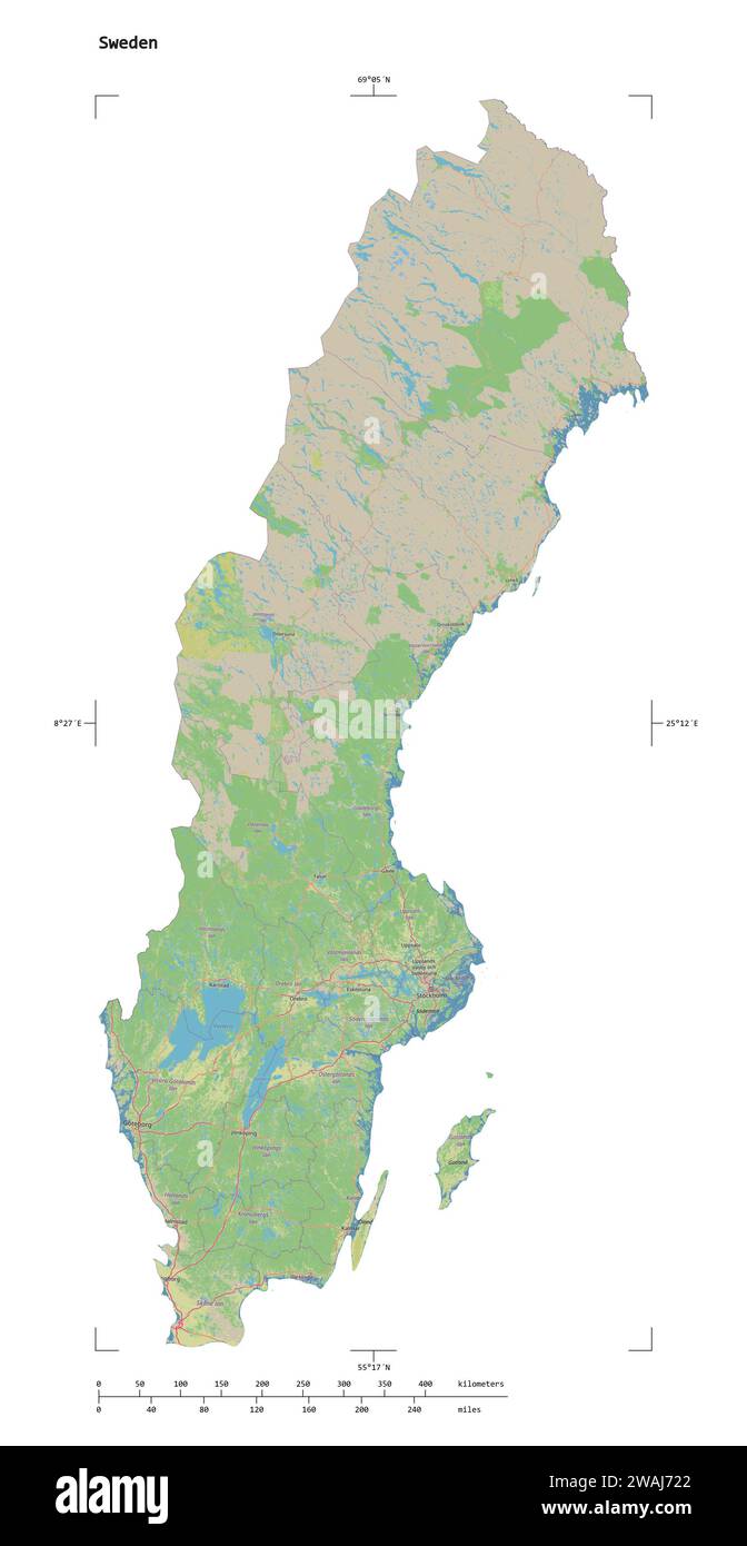Shape of a topographic, OSM standard style map of the Sweden, with distance scale and map border ...