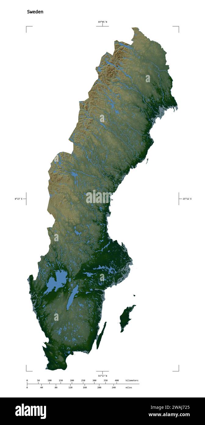Shape of a Colored elevation map with lakes and rivers of the Sweden ...