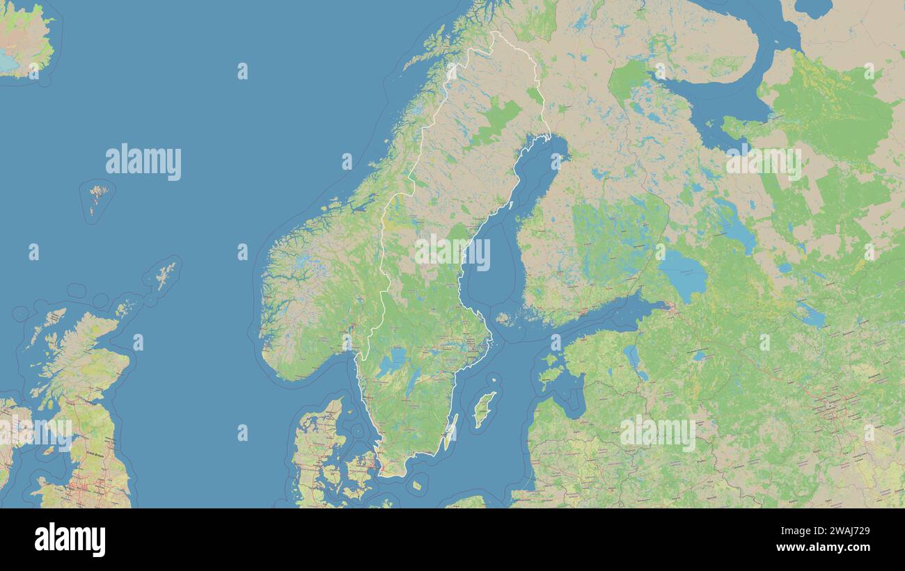 Sweden outlined on a topographic, OSM standard style map Stock Photo ...