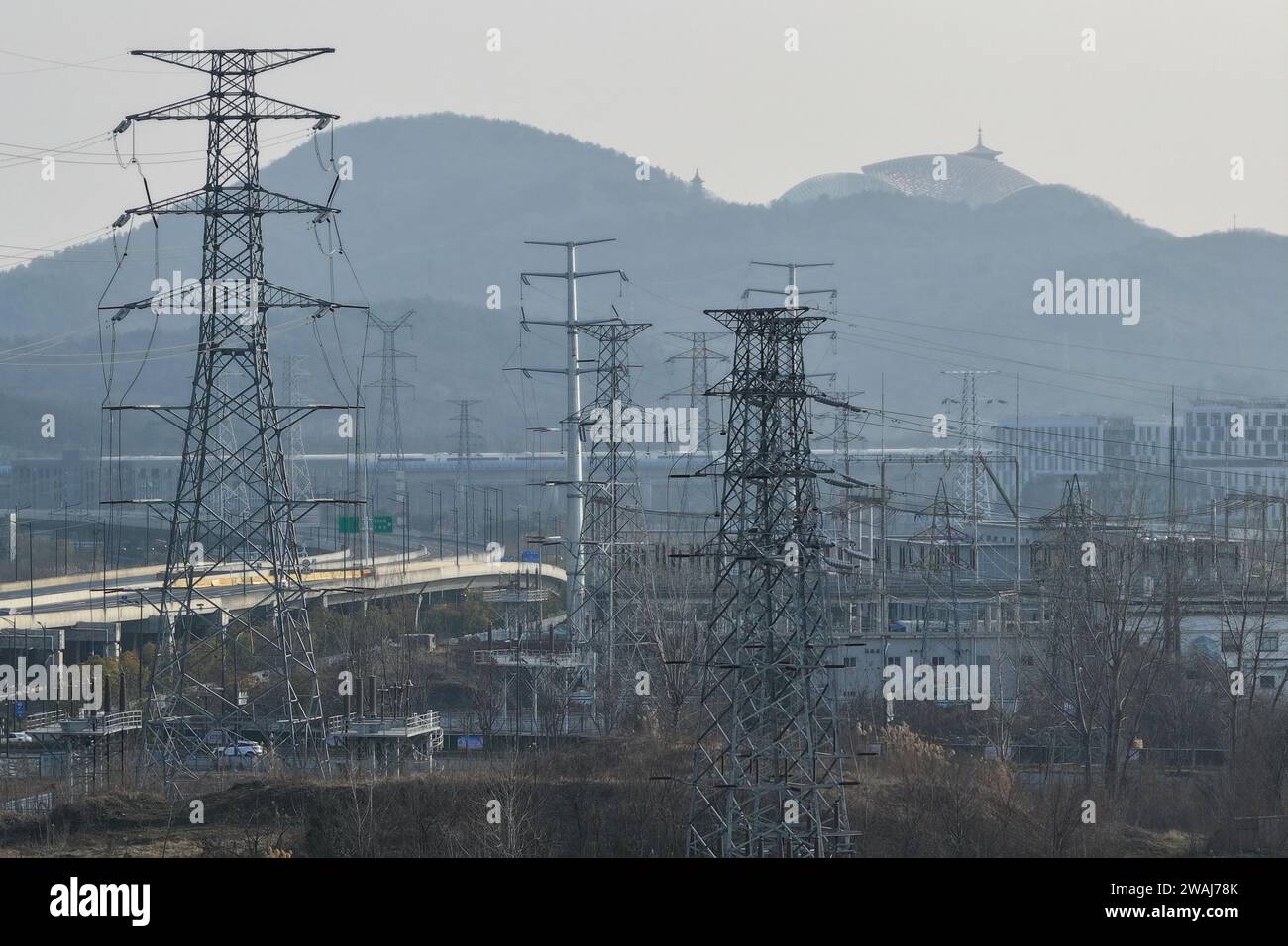 NANJING, CHINA - JANUARY 5, 2024 - A high-voltage cable tower is seen ...