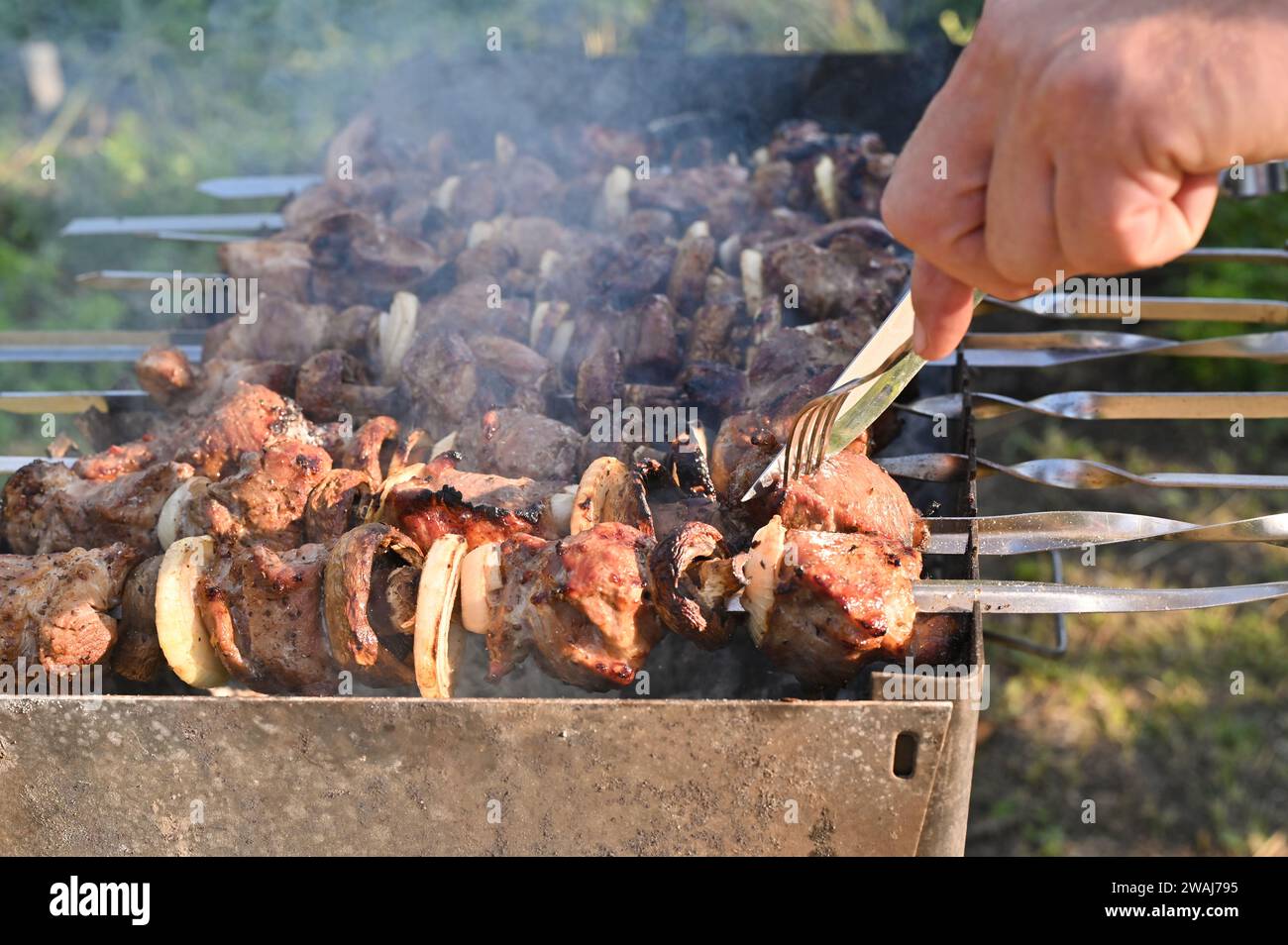a man checks the readiness of a barbecue on the grill Stock Photo - Alamy