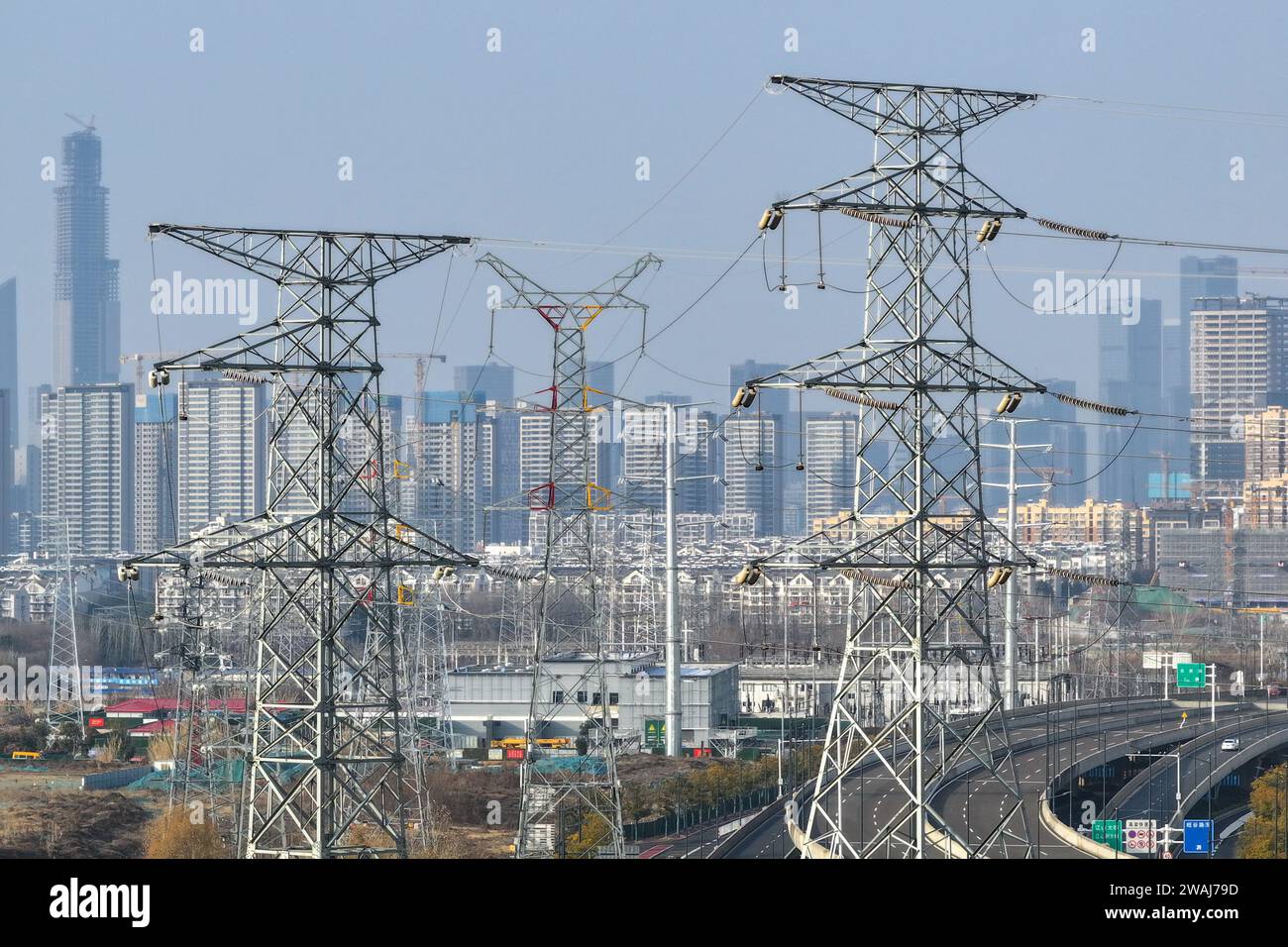NANJING, CHINA - JANUARY 5, 2024 - A high-voltage cable tower is seen ...