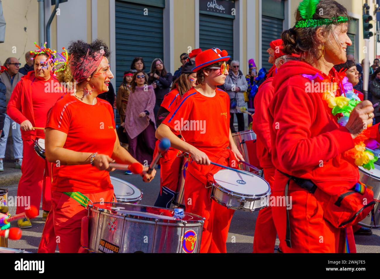 Cantu, Italy - February 25, 2023: Carnival parade, musician band, and ...