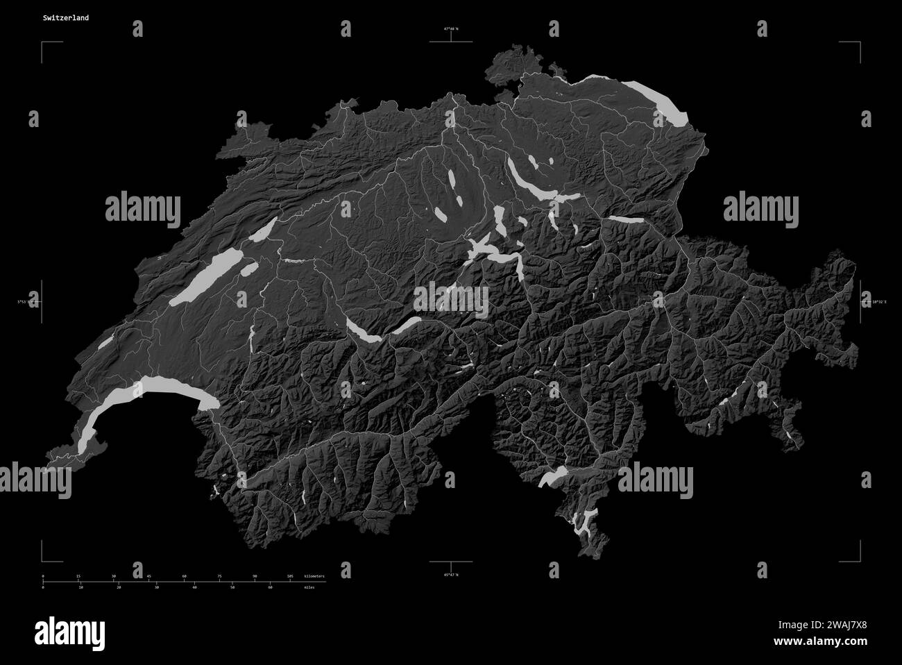 Shape of a Grayscale elevation map with lakes and rivers of the Switzerland, with distance scale ...