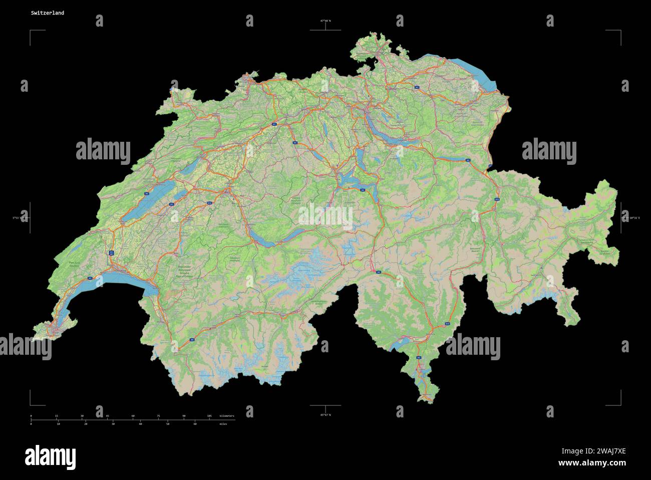 Shape of a topographic, OSM Germany style map of the Switzerland, with ...