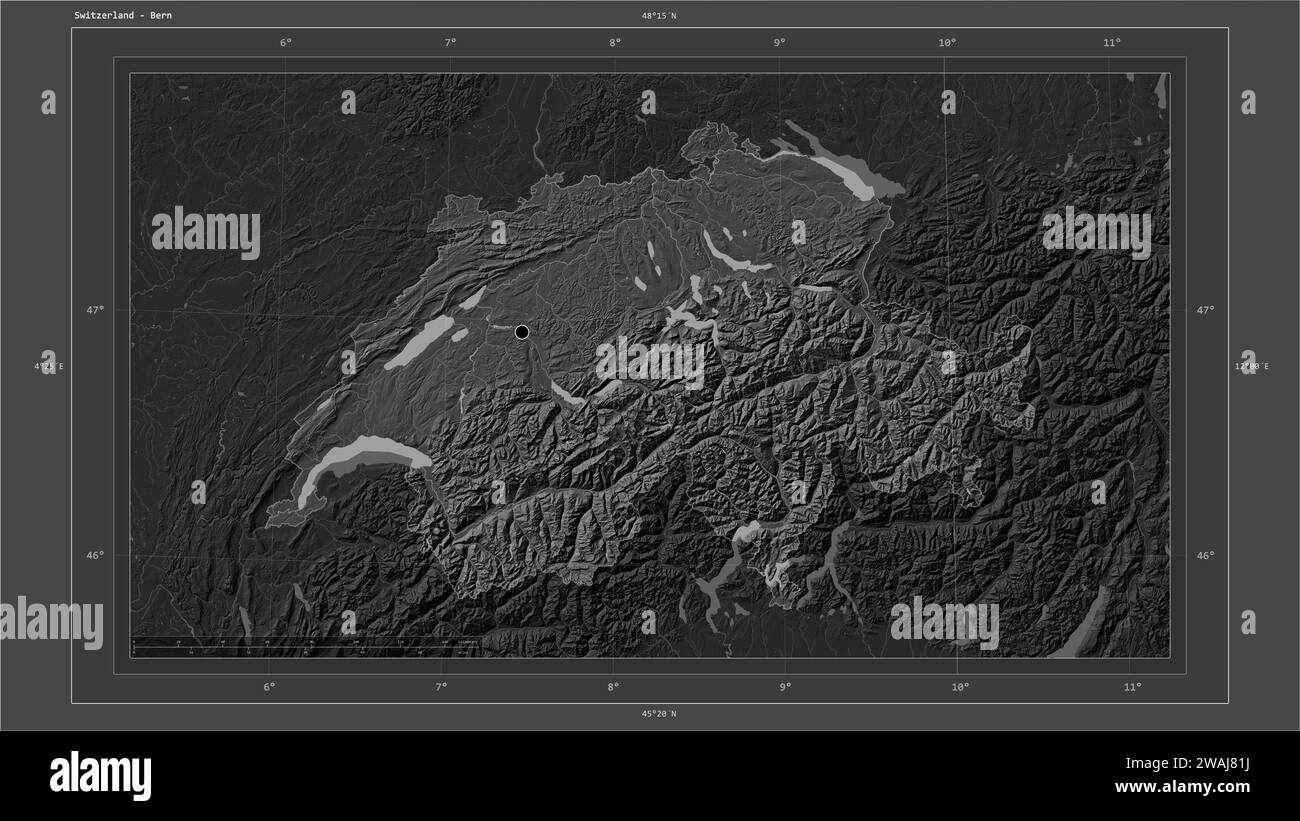 Switzerland highlighted on a Bilevel elevation map with lakes and ...