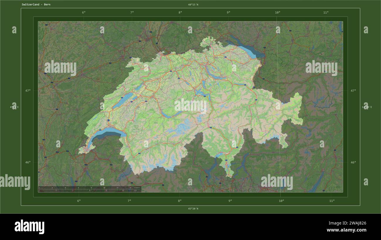 Switzerland highlighted on a topographic, OSM Germany style map map ...