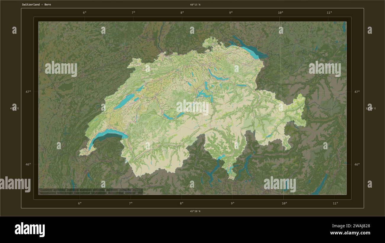 Switzerland highlighted on a topographic, OSM Humanitarian style map ...