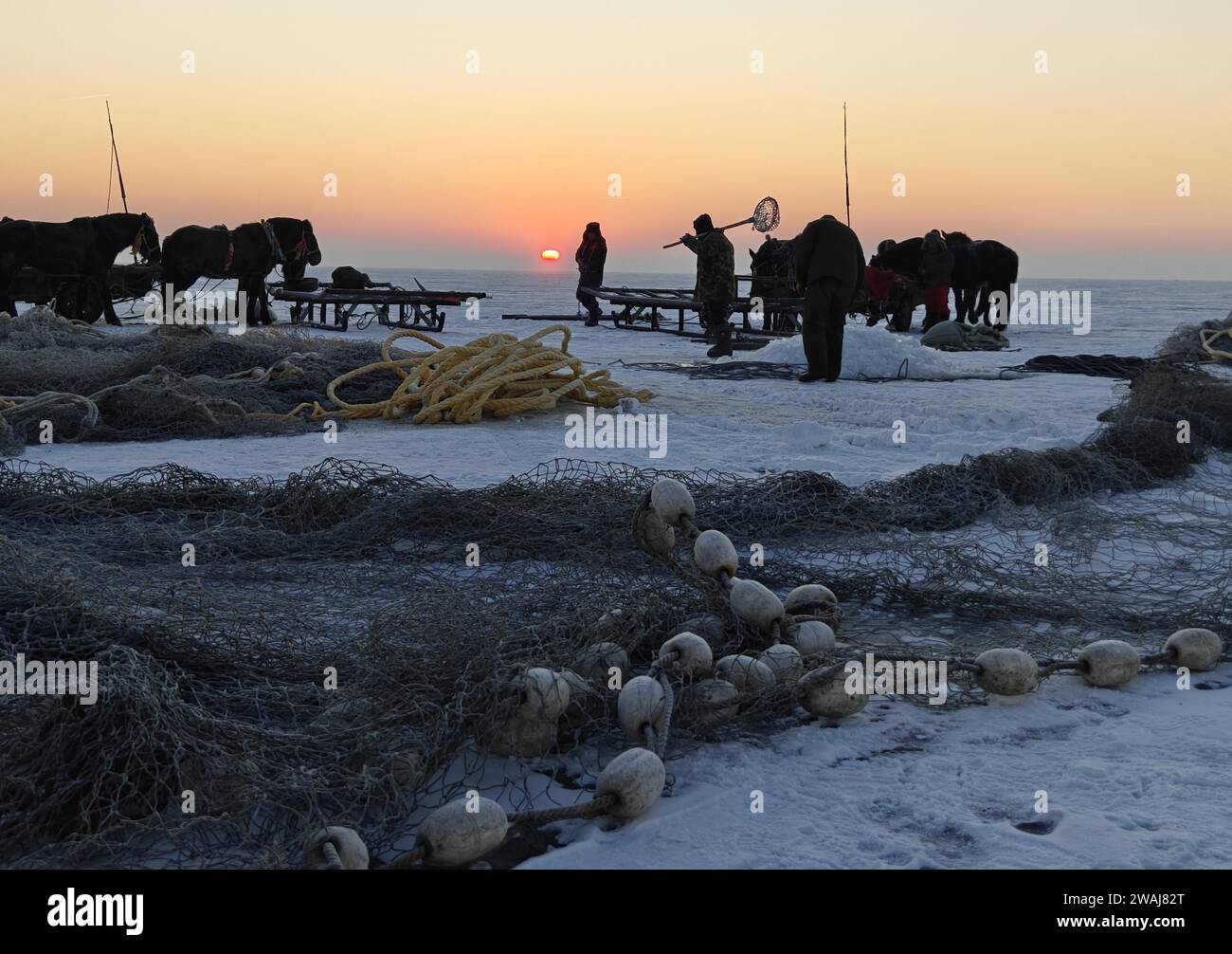Fishermen catch fish on the frozen Chagan Lake in Songyuan City ...