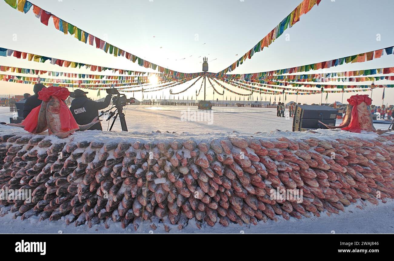 Fishermen catch fish on the frozen Chagan Lake in Songyuan City ...