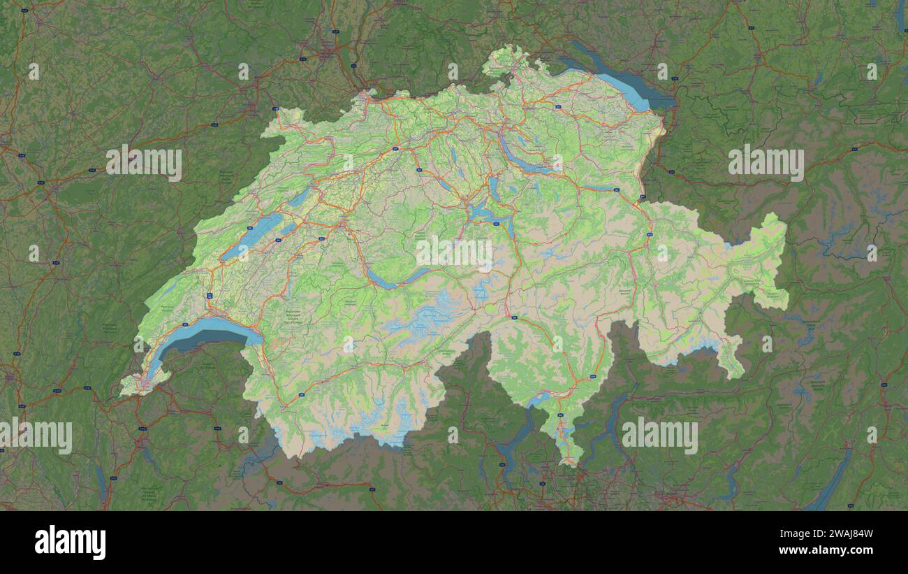 Switzerland highlighted on a topographic, OSM Germany style map Stock ...