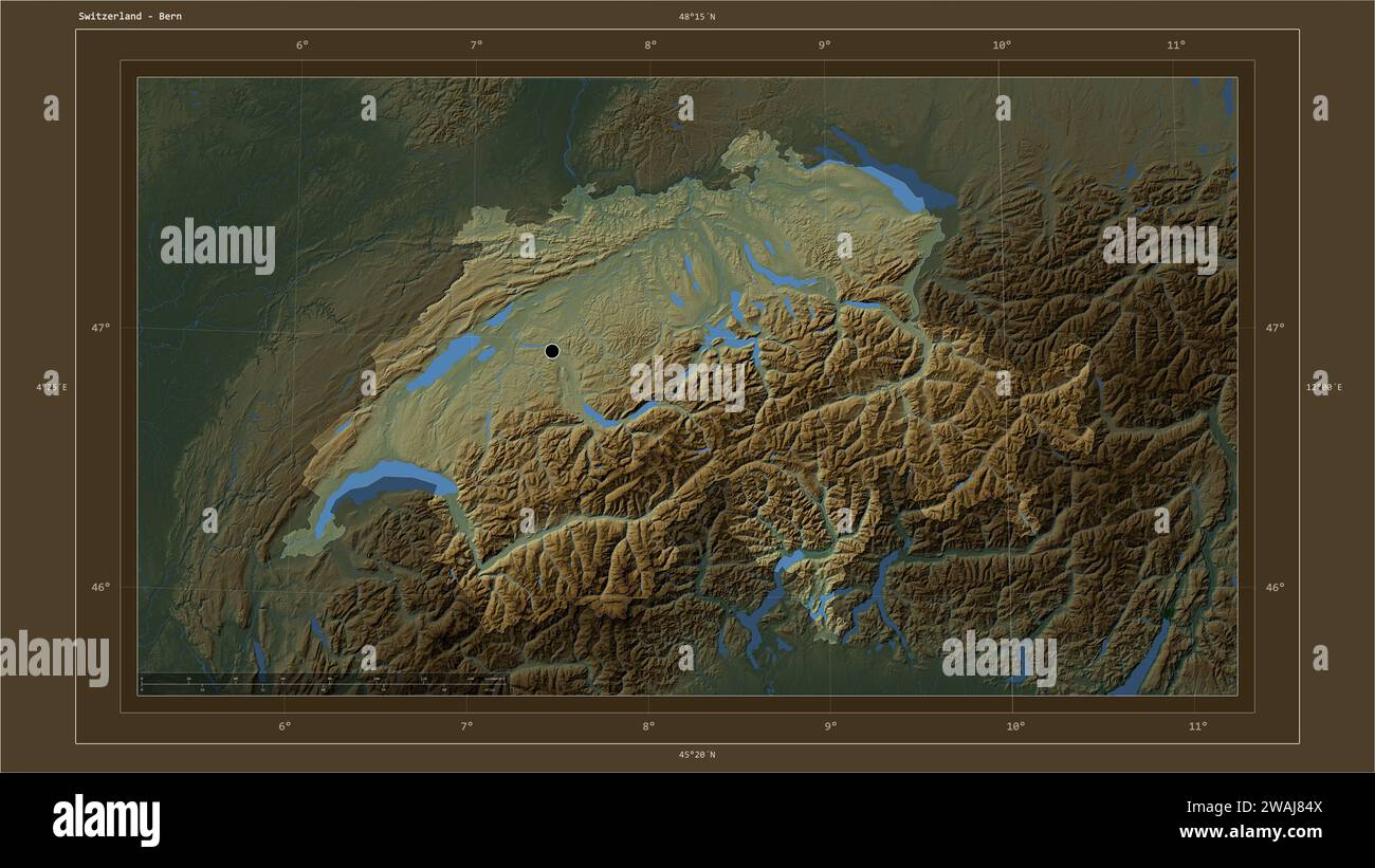 Switzerland highlighted on a Colored elevation map with lakes and ...