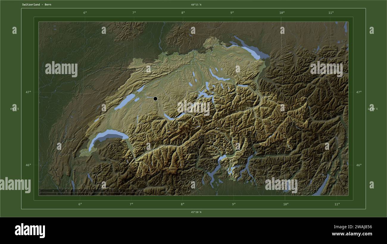 Switzerland highlighted on a Pale colored elevation map with lakes and ...