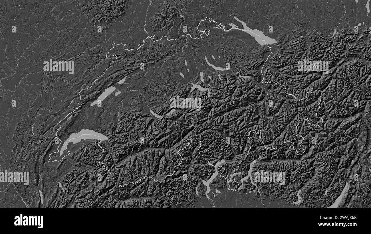 Switzerland outlined on a Bilevel elevation map with lakes and rivers ...