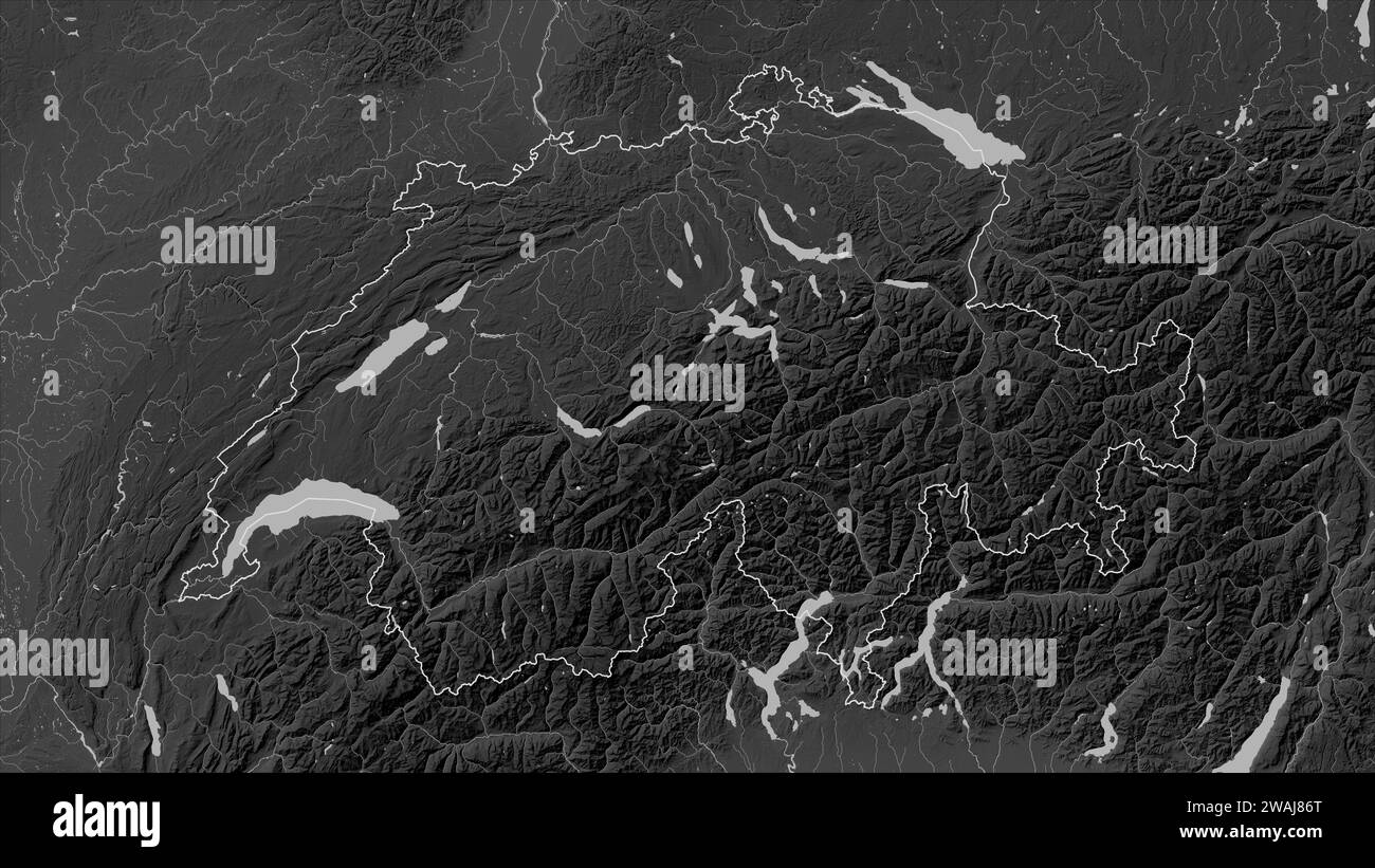Switzerland outlined on a Grayscale elevation map with lakes and rivers Stock Photo - Alamy