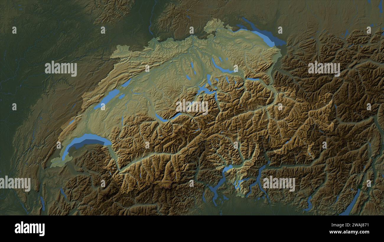 Switzerland highlighted on a Colored elevation map with lakes and ...