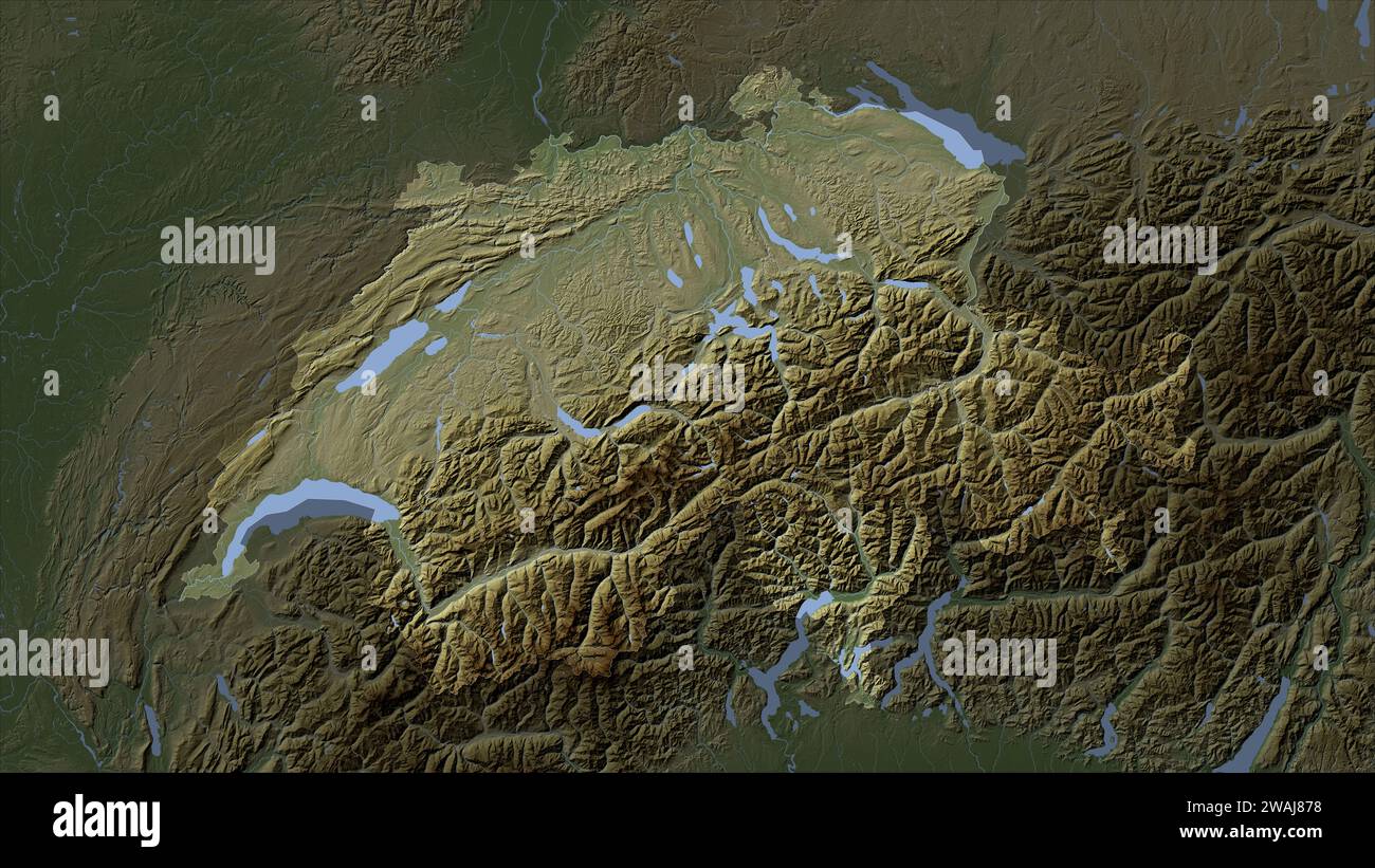 Switzerland highlighted on a Pale colored elevation map with lakes and rivers Stock Photo - Alamy