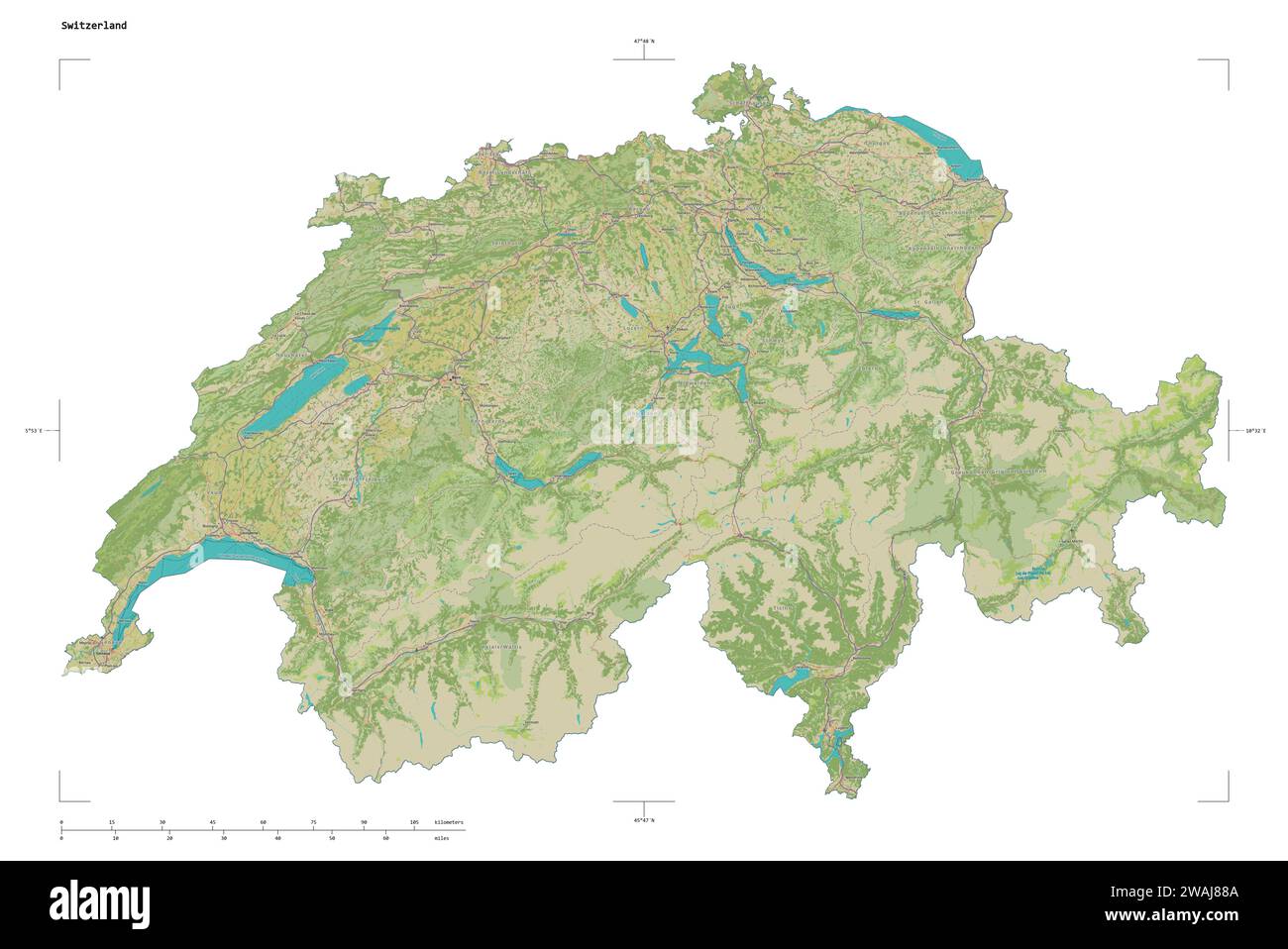 Shape of a topographic, OSM Humanitarian style map of the Switzerland ...