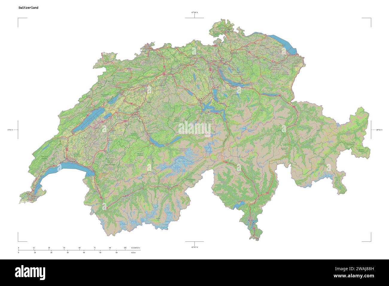 Shape of a topographic, OSM standard style map of the Switzerland, with ...