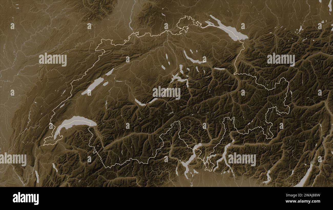 Switzerland outlined on a elevation map colored in sepia tones with ...