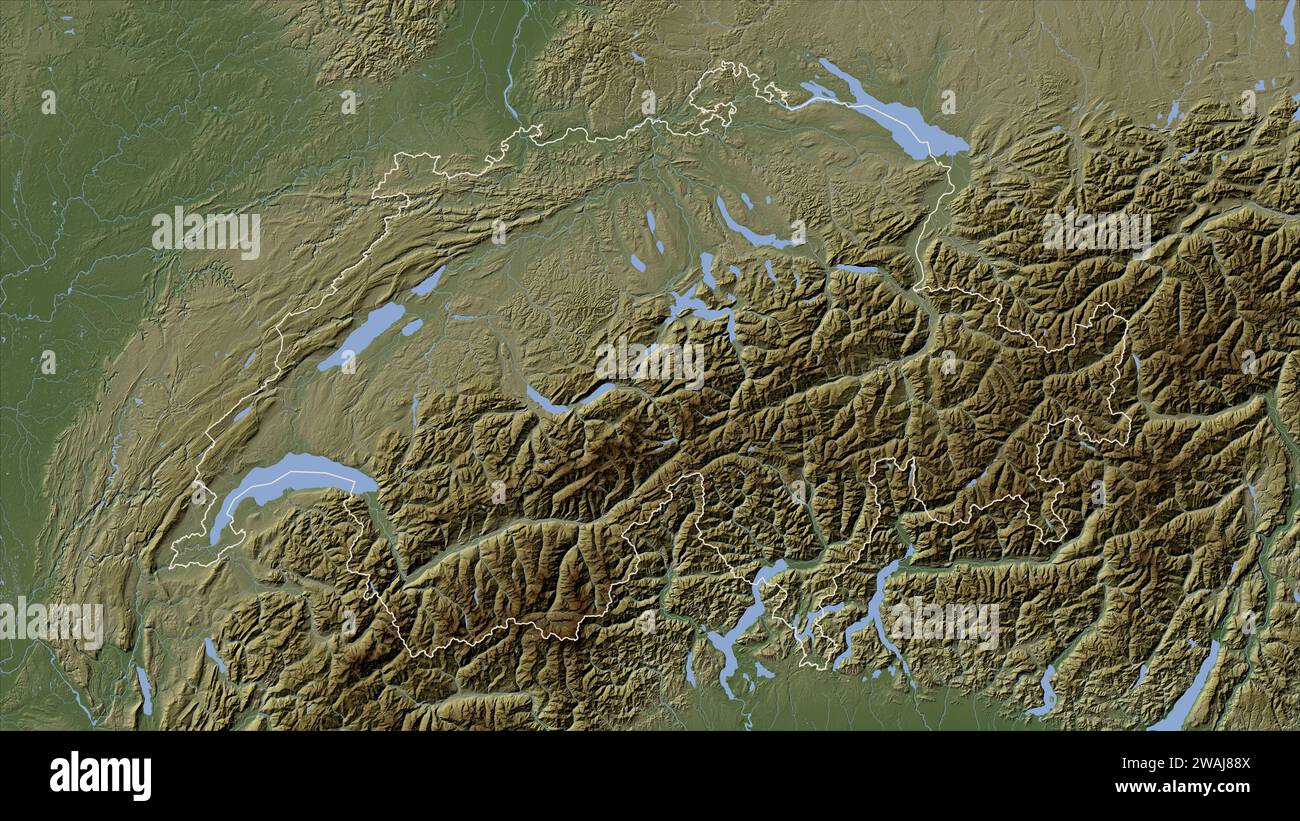 Switzerland outlined on a Pale colored elevation map with lakes and ...