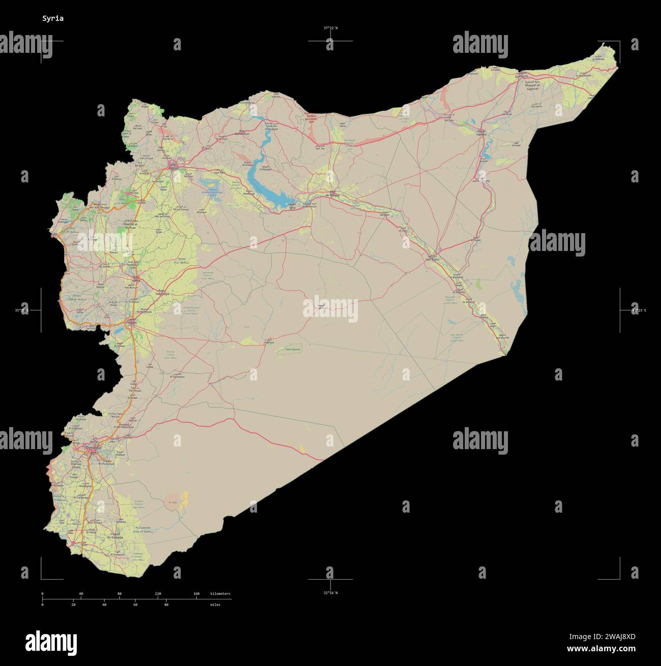 Shape of a topographic, OSM Germany style map of the Syria, with ...