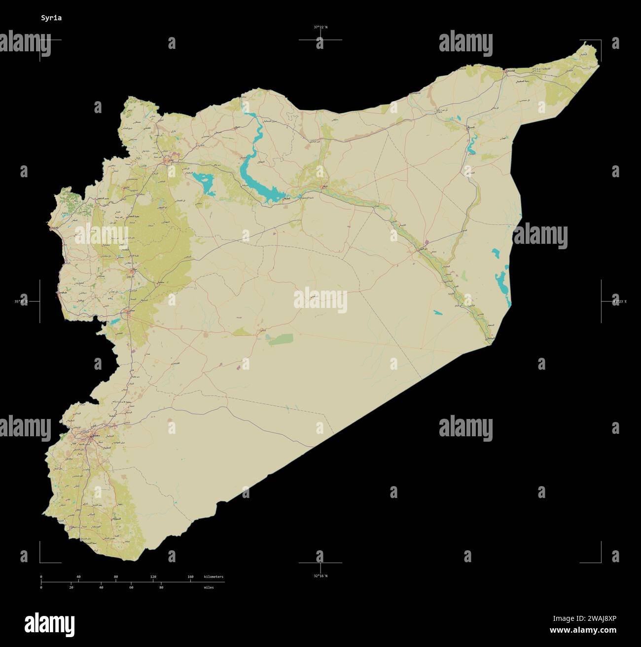 Shape of a topographic, OSM Humanitarian style map of the Syria, with ...