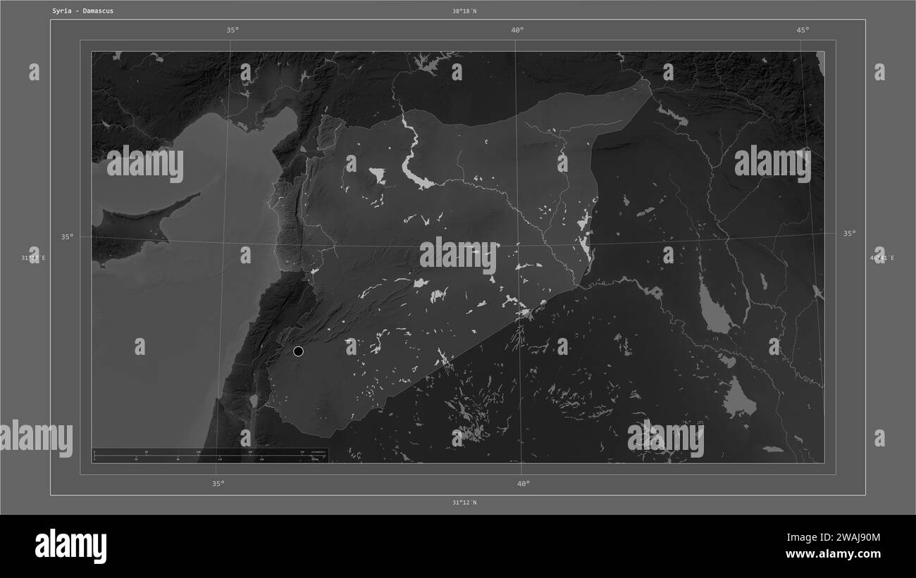 Syria highlighted on a Grayscale elevation map with lakes and rivers ...