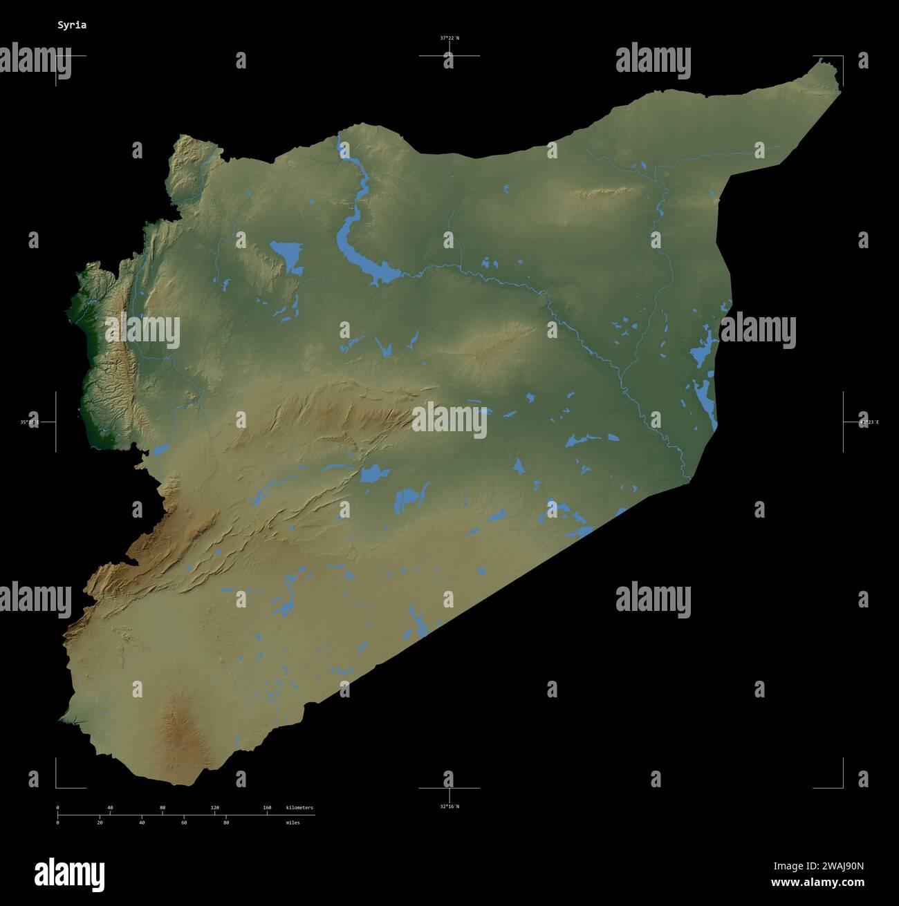 Shape of a Colored elevation map with lakes and rivers of the Syria ...