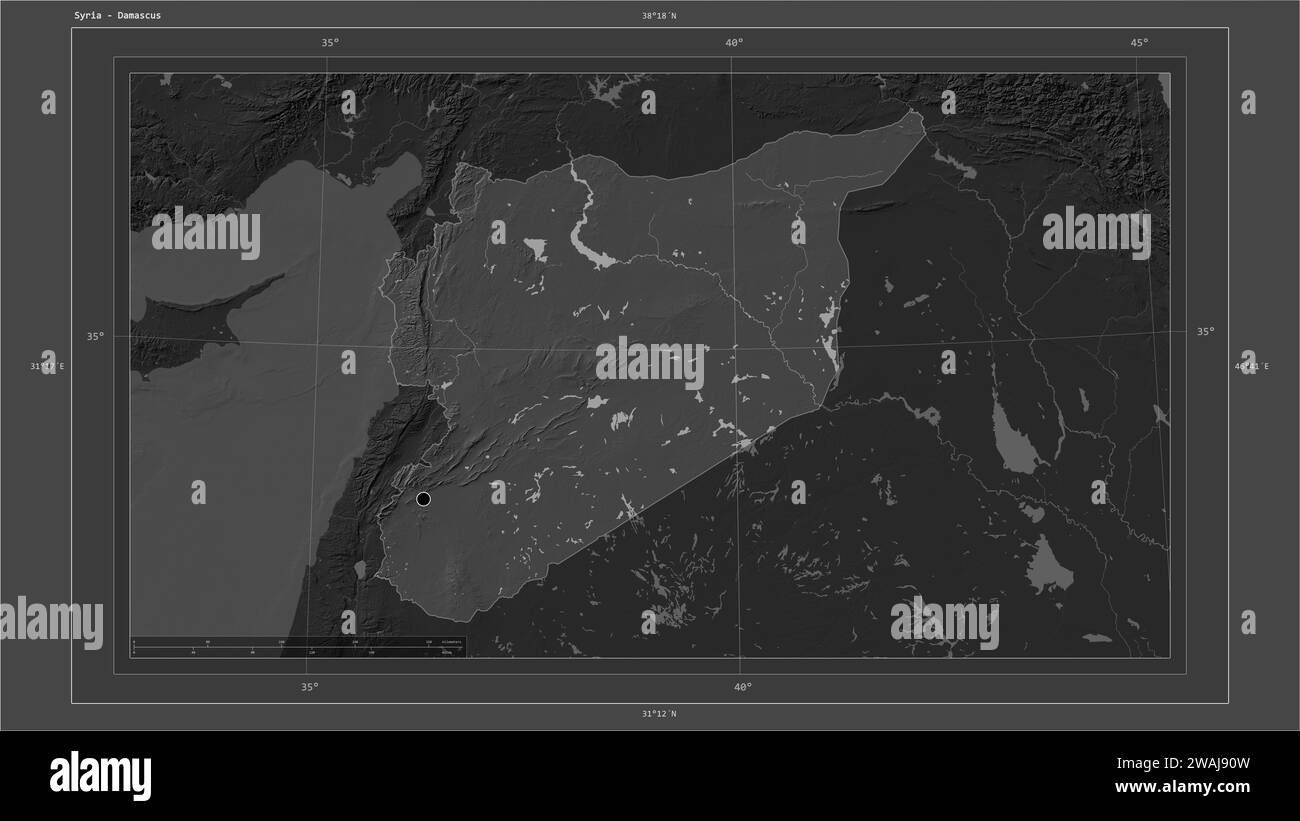 Syria highlighted on a Bilevel elevation map with lakes and rivers map with the country's ...