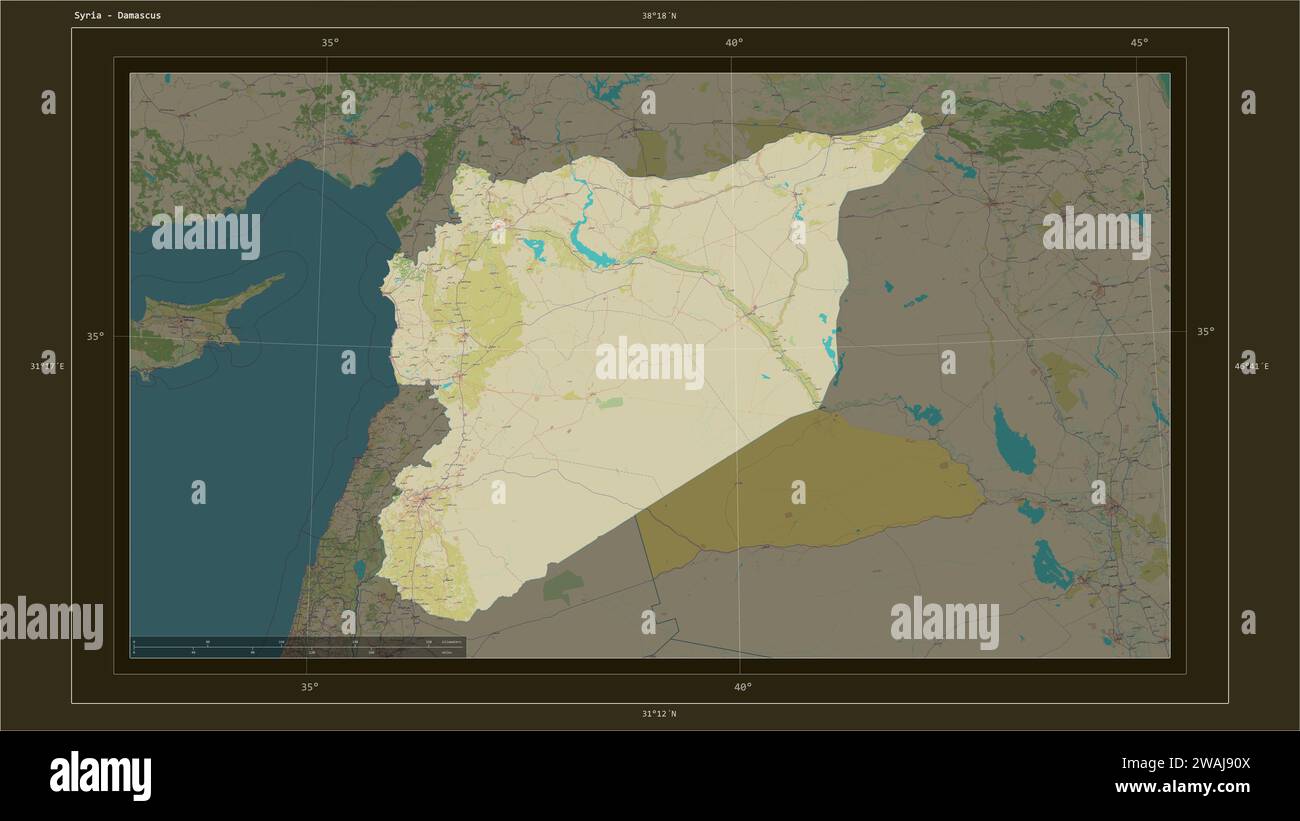 Syria highlighted on a topographic, OSM Humanitarian style map map with ...