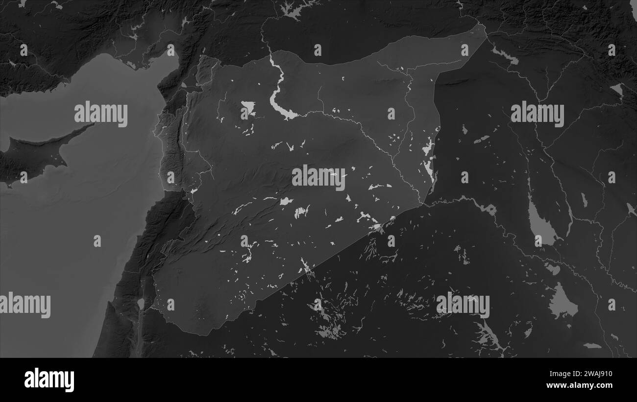 Syria highlighted on a Grayscale elevation map with lakes and rivers ...