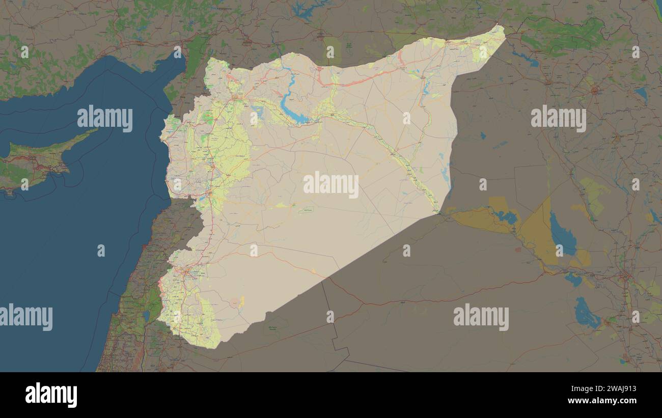 Syria highlighted on a topographic, OSM standard style map Stock Photo ...