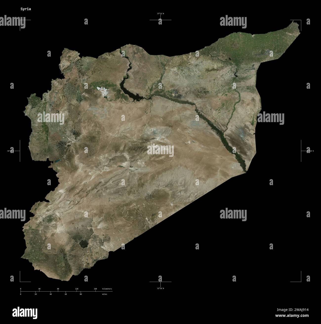 Shape of a high resolution satellite map of the Syria, with distance ...