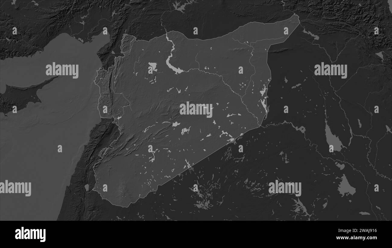 Syria highlighted on a Bilevel elevation map with lakes and rivers ...