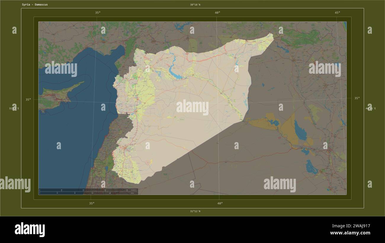 Syria highlighted on a topographic, OSM standard style map map with the ...