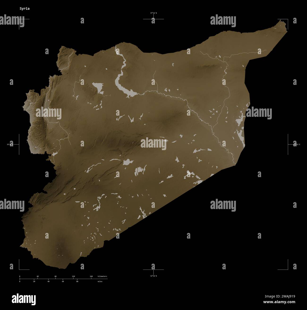 Shape of a elevation map colored in sepia tones with lakes and rivers ...
